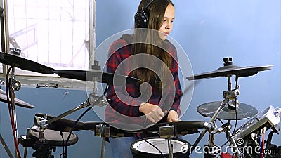 Tween Girl Playing Electronic Drums Stock Video - Video of music ...