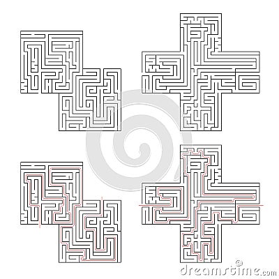 Two Complicated Labyrinths With Red Path Of Solution Isolated On White ...