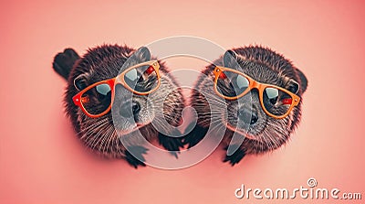 Two Cool Beavers In Festive Orange Glasses Overhead View On Clean Peach ...
