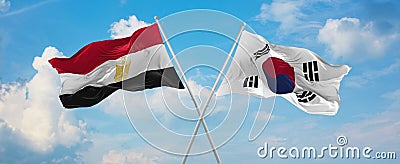 Two Crossed Flags South Korea And Egypt Waving In Wind At Cloudy Sky ...