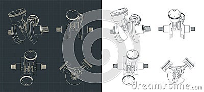 Two-cylinder Engine Piston Block Drawings Vector Illustration ...