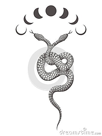 Two Headed Snake And Phases Of Moon Esoteric Tattoo Isolated On White ...