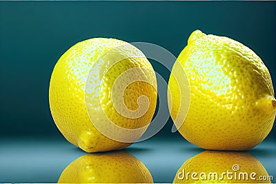 Two Lemons Sitting Side By Side On A Reflective Surface With A Blue ...