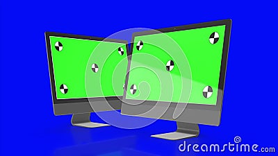 Two Modern Computers with Green Screen, Isolated on Blue Background ...