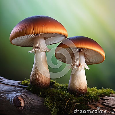 Two Mushrooms On A Log With A Green Background Royalty-Free Stock ...