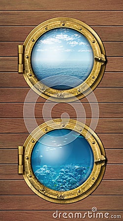Two Ship Windows With Ocean Surface And Underwater Deep Stock ...