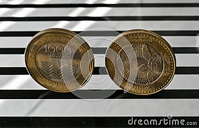 Two Thousand Colombian Pesos Coins On The Front And Back Side, Standing ...
