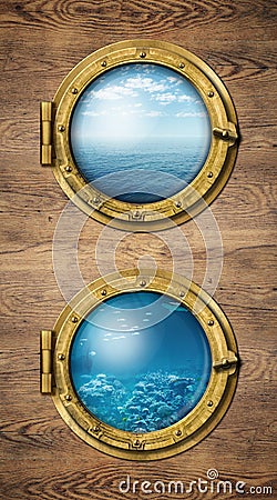 Two Vertical Ship Windows With Ocean Surface And Underwater Stock ...