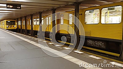 Two Yellow Trains in Berlin Subway, Arriving and Leaving Platform ...
