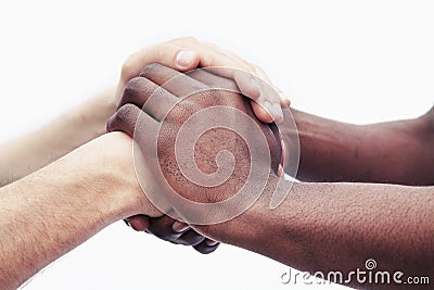 Two Young Men Clasping Each Others Hands, Close-up, Studio Shot Stock ...