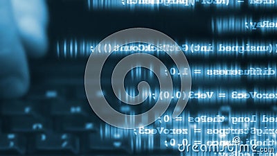 Typing Hands Behind Blue Source Code of Computer Program on Display ...