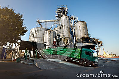 Unloading Grain Truck At Elevator On Elevating Hydraulic Platform ...