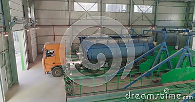 Unloading Grain from a Truck for Storage, Wheat Unloading Aerial View ...