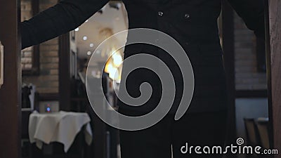 Unrecognizable Man in the Jacket Entering Sliding Doors and Closing ...