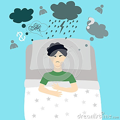 Upset Sick Man Lying In Bed And Thinking About His Problems, Pain ...
