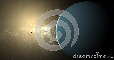 Uranus Planet with Puck Moon Orbiting and Sun and Solar Atmosphere at ...