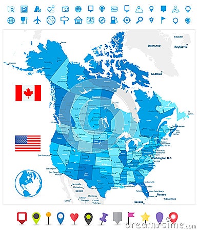 USA And Canada Large Detailed Political Map In Colors Of Blue An Vector ...