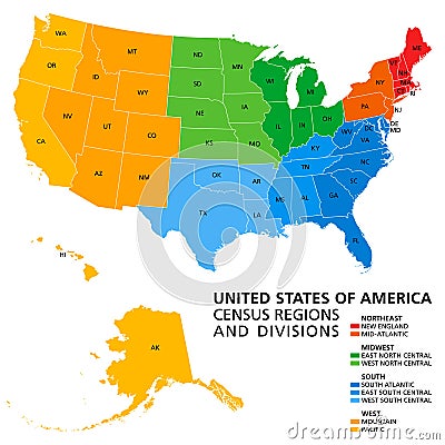 United States, Census Regions And Divisions, Political Map Cartoon ...