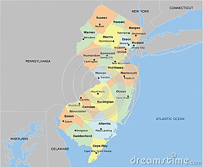 New Jersey County Map With 21 Counties Vector Illustration ...