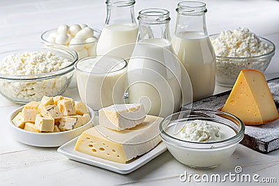 Variety Of Milk-Based Products Showcased On Clean White Surface Stock ...