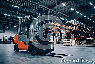 Vast Warehouse With Orange Forklift, Dim Lighting, Shelves Royalty-Free ...