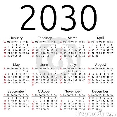 Vector Calendar 2030, Sunday Stock Vector - Image: 62409285