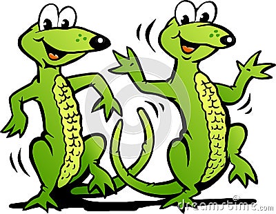 Vector Cartoon Illustration Of A Two Happy Dancing Lizard ...