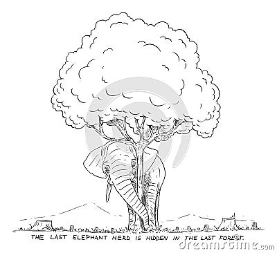 Vector Cartoon Of Last Elephant Hiding Behind The Last Tree That Left ...