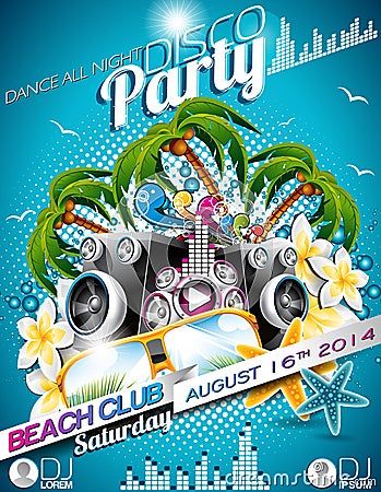 Vector Disco Party Flyer Design With Speakers And Sunglasses On Blue ...