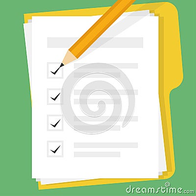 Vector Folder With Checklist Documents And Pencil On Green Background ...