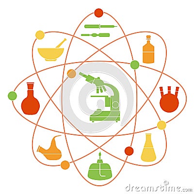 Vector Illustration With Atomic Structure, Glassware Flasks, Burner ...