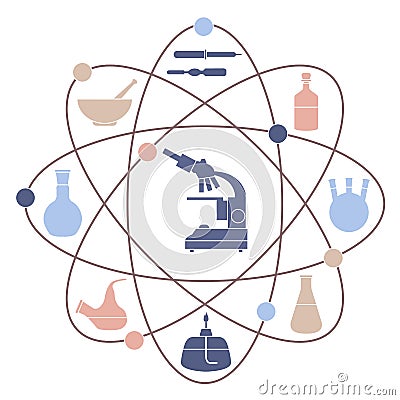 Vector Illustration With Atomic Structure, Glassware Flasks, Burner ...