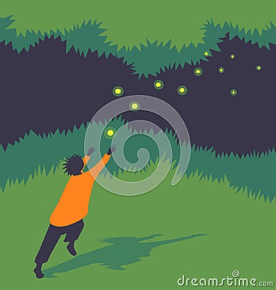 Vector Illustration Child Chasing Fireflies | CartoonDealer.com #65429163