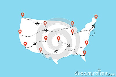 USA Map With Airplane Flight Paths On A Blue Background Vector ...