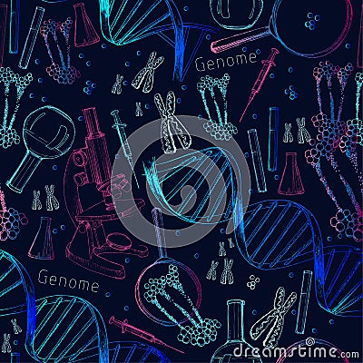 Hand Drawn Seamless Pattern Of Structure Of DNA. Genome Sequence ...