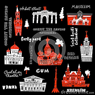 Vector Illustration Of Moscow With Main Attractions, Lanmarks And ...