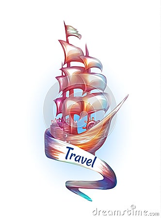 Vector Illustration Of Sail Ship With Label | CartoonDealer.com #53024696