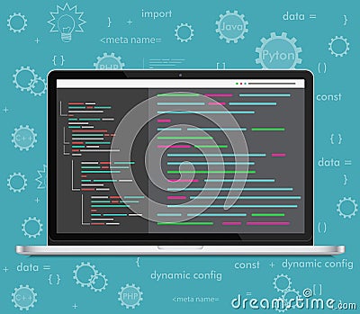 Vector Laptop Coding Concept. Web Developer, Design, Programming. Laptop Screen Code ...