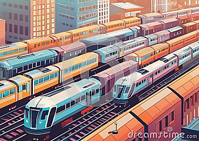 A Vector Like Image Of Train Engines And Carriages Parked At A Railway ...
