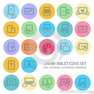 Vector Linear Tablet Icons Set With Hand Gestures And Pictograms ...