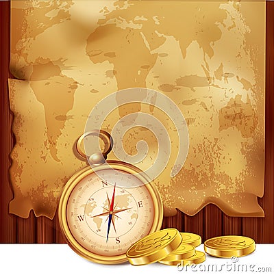Vector Old Map With A Compass And Pirate Coins Royalty Free Stock ...