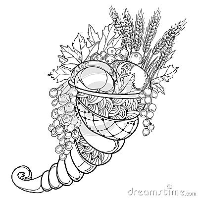 Vector Outline Cornucopia Or Horn Of Plenty Full Of Pumpkin, Grape ...