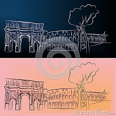 Vector Outline Sketch Of The Arch Of Constantine And The Colosseum In ...