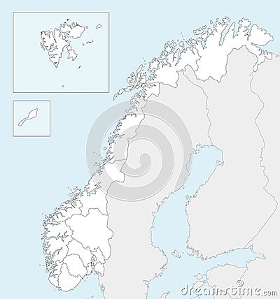Vector Regional Blank Map Of Norway With Counties And Territories, And Neighbouring Countries ...