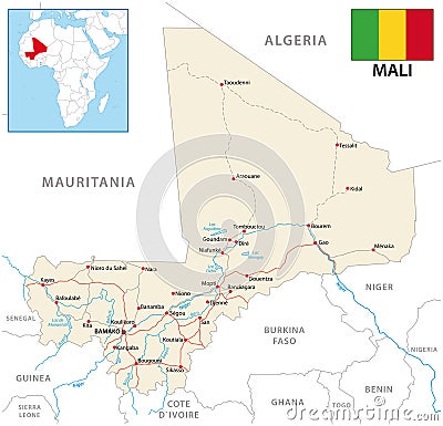 Vector Road Map Of The Republic Of Mali With Flag | CartoonDealer.com ...