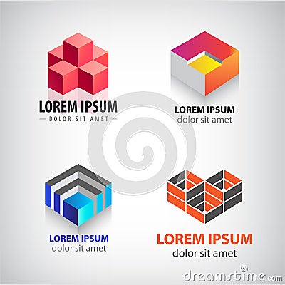 Vector Set Of 3d Cube, Geometric Structure Logos. Building ...