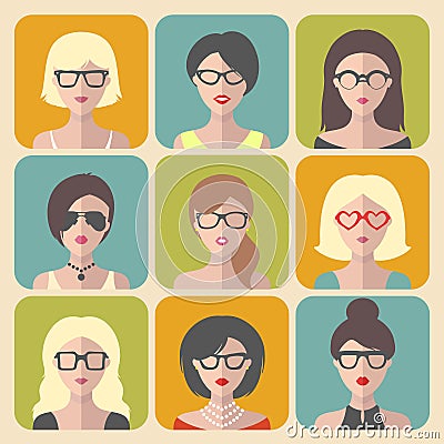 Vector Set Of Different Women App Icons In Glasses In Flat Style ...