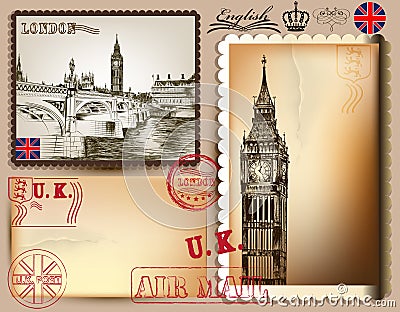 Collection Of Vintage Vector Postcards With Detailed London Stock Image ...