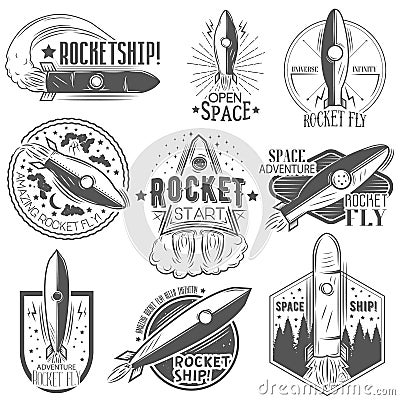 Vector Set Of Rocket Launch Labels In Vintage Style. | CartoonDealer ...