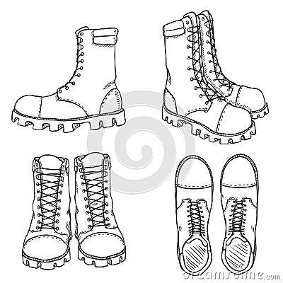 Vector Set Of Sketch High Leather Army Boots. Side, Front And Top View ...